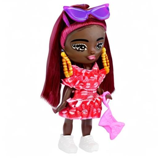 Barbie Extra Mini Minis Doll with Burgundy Hair, Red Ruffle Dress, Sunglasses & Accessories & Stand, 3.25-inch