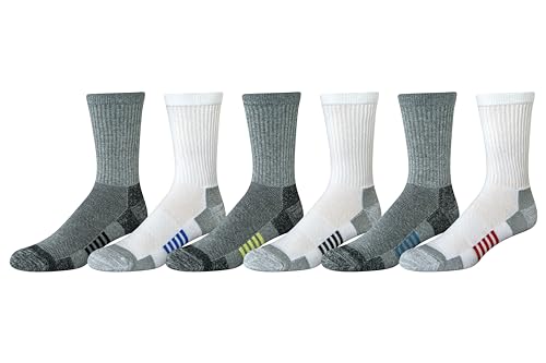 Amazon Essentials Men's Performance Comfortable Cotton Cushioned Breathable Athletic Crew Sports Socks, 6 Pairs, Grey/White, 6-12