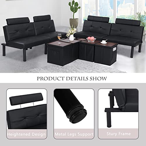 VUYUYU Convertible Futon Couch Bed with Two Storage Ottoman/Coffee Table, Leather Folding Loveseat Sleeper, Small Futon Sofa for Compact Living Space, Apartment, Dorm, Bedroom