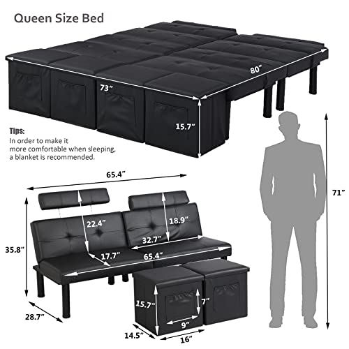 VUYUYU Convertible Futon Couch Bed with Two Storage Ottoman/Coffee Table, Leather Folding Loveseat Sleeper, Small Futon Sofa for Compact Living Space, Apartment, Dorm, Bedroom