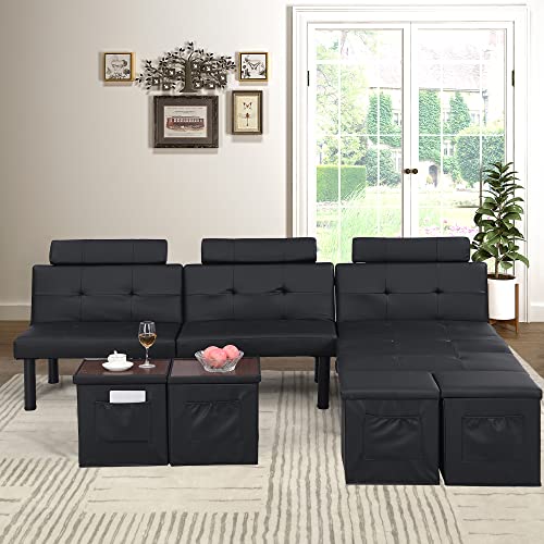 VUYUYU Convertible Futon Couch Bed with Two Storage Ottoman/Coffee Table, Leather Folding Loveseat Sleeper, Small Futon Sofa for Compact Living Space, Apartment, Dorm, Bedroom