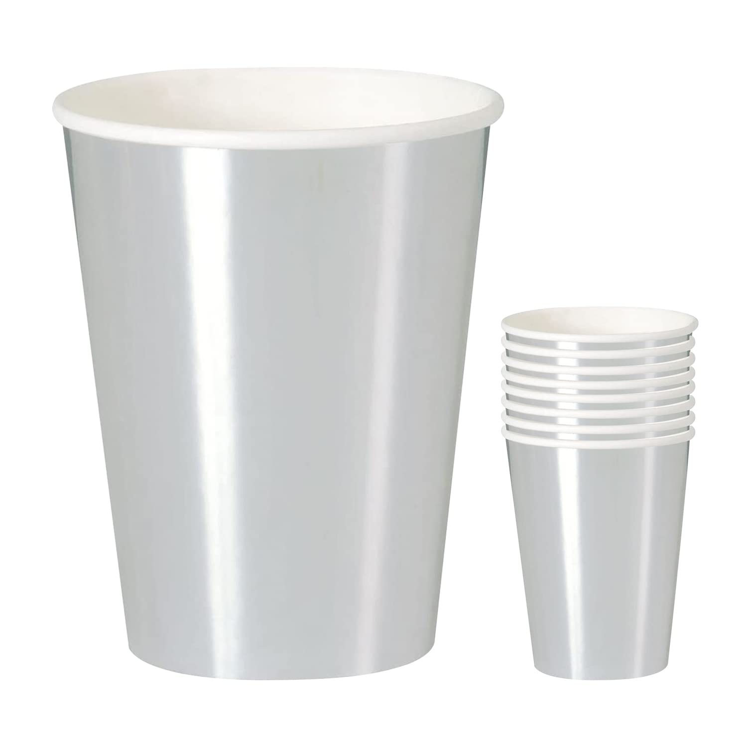 Trimming Shop Disposable Paper Cups Shiny Foil Metallic Silver Paper Cups 12oz (355ml) Party Cups Disposable Party Tableware for Indoor, Outdoor Dining, Birthday, Wedding, BBQ, Garden Party, 8pcs