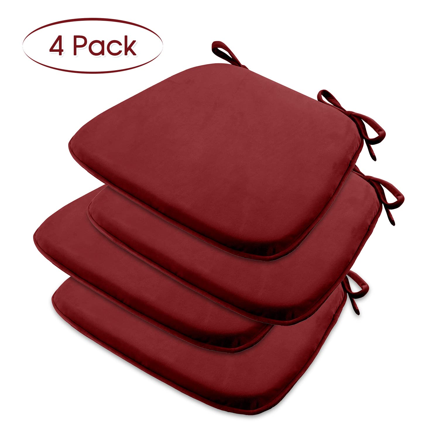 Basic Beyond Kitchen Chair Cushions Set of 4, U Shaped Memory Foam Chair Cushion with Ties, 17 x 16 inches Soft Plush Velvet Chair Pads for Dining Chairs(Red)