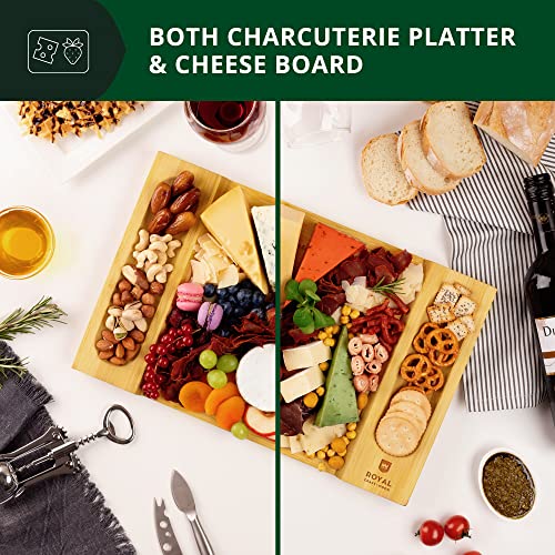 Unique Bamboo Cheese Board, Charcuterie Platter and Serving Tray for Wine, Crackers, Brie and Meat. Large and Thick Natural Wooden Server - Fancy House Warming Gift
