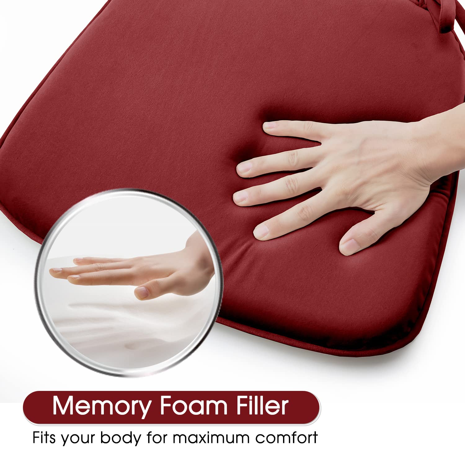 Basic Beyond Kitchen Chair Cushions Set of 4, U Shaped Memory Foam Chair Cushion with Ties, 17 x 16 inches Soft Plush Velvet Chair Pads for Dining Chairs(Red)