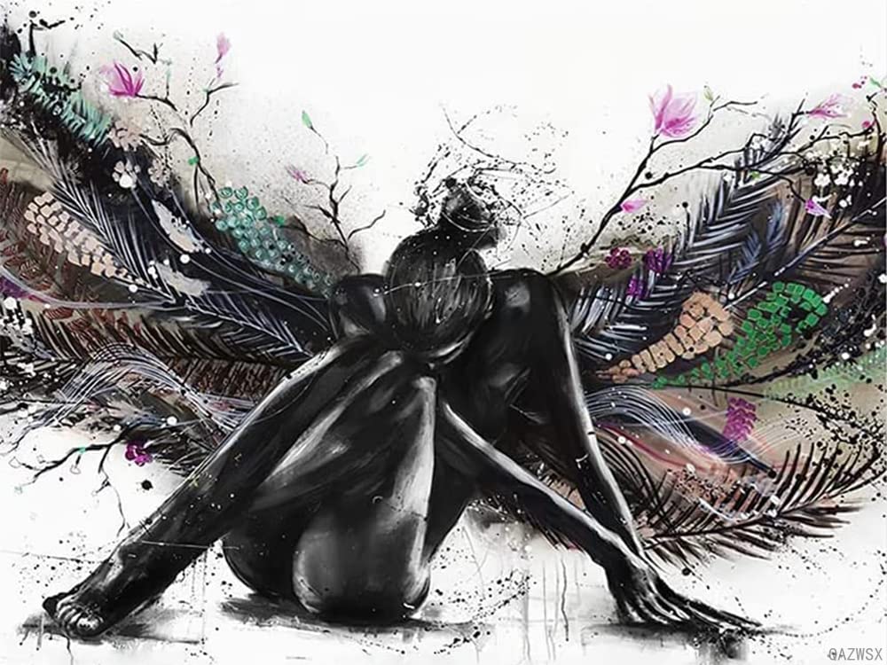 QAZWSX African American Diamond Painting Kits for Adults, Diamond Painting African American Black Art Abstract Black Girl with Angel Wings for Home Wall Decor 30 x 40 cm