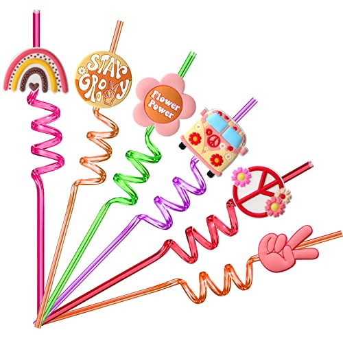 60's Hippie Boho Party Favors Two Groovy Straws Reusable Plastic Drinking Straws 8 Designs 24pcs, Boho Rainbow Birthday Party Favor Kids with 2 Cleaning Brush