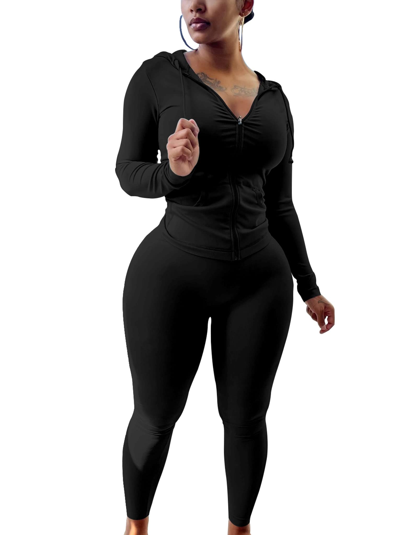 PINSV Women Two Piece Outfits Workout Sets Bodycon Tracksuit Long Sleeve Zip Up Hoodie Jacket Jogger Matching Sweat Pants Set Black XL