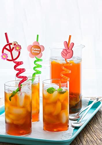 60's Hippie Boho Party Favors Two Groovy Straws Reusable Plastic Drinking Straws 8 Designs 24pcs, Boho Rainbow Birthday Party Favor Kids with 2 Cleaning Brush