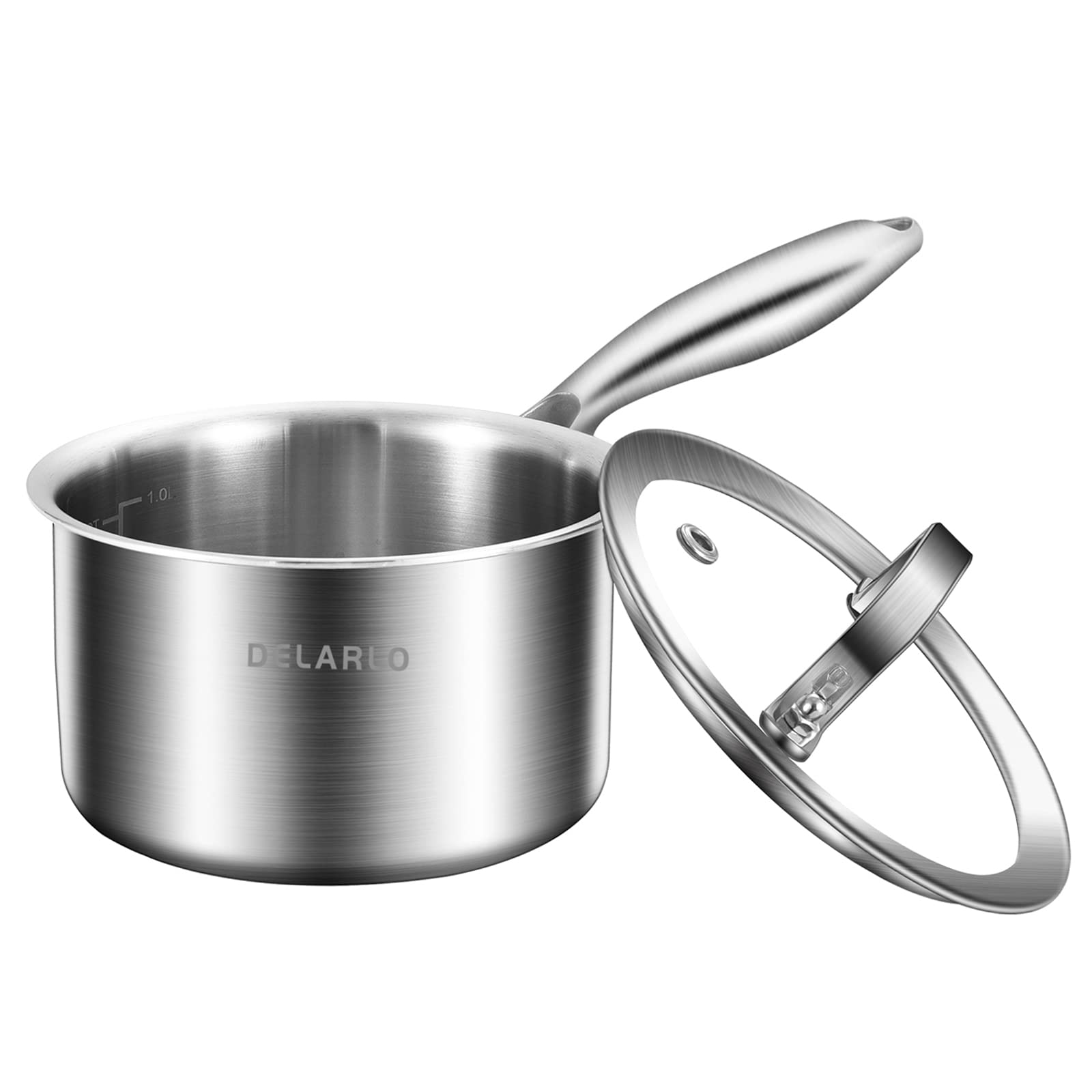 DELARLO Tri-Ply Stainless Steel 1 Quart Saucepan with Lid, Compatible With All Stove 600℉, Small Pots for Cooking, Fast Even Heats, Stainless Pot 1QT, Durable Sauce Pot, Saucepan with Lid