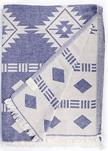 Bersuse 100% Cotton Belize XL Throw Blanket Turkish Towel - 75x90 Inches, Dark Blue