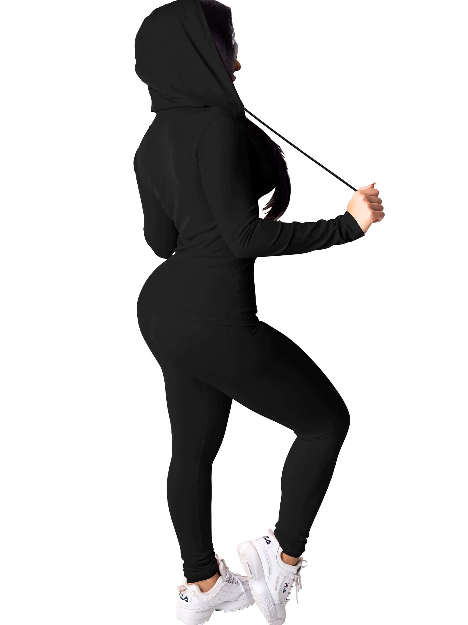 PINSV Women Two Piece Outfits Workout Sets Bodycon Tracksuit Long Sleeve Zip Up Hoodie Jacket Jogger Matching Sweat Pants Set Black XL