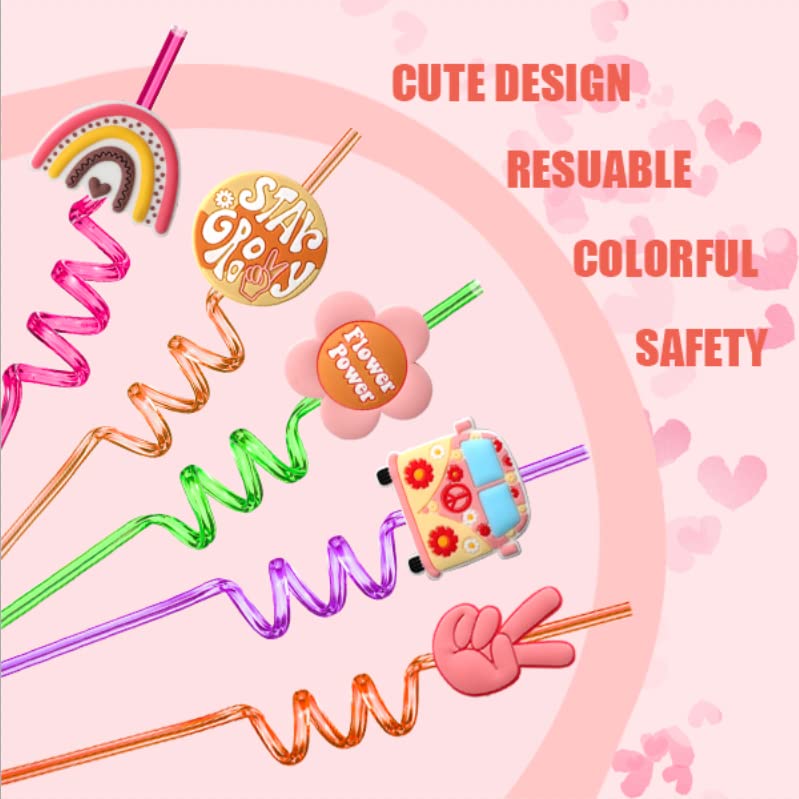 60's Hippie Boho Party Favors Two Groovy Straws Reusable Plastic Drinking Straws 8 Designs 24pcs, Boho Rainbow Birthday Party Favor Kids with 2 Cleaning Brush