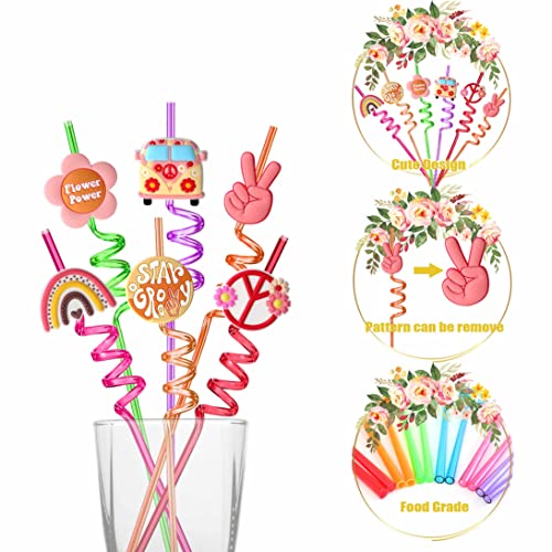 60's Hippie Boho Party Favors Two Groovy Straws Reusable Plastic Drinking Straws 8 Designs 24pcs, Boho Rainbow Birthday Party Favor Kids with 2 Cleaning Brush