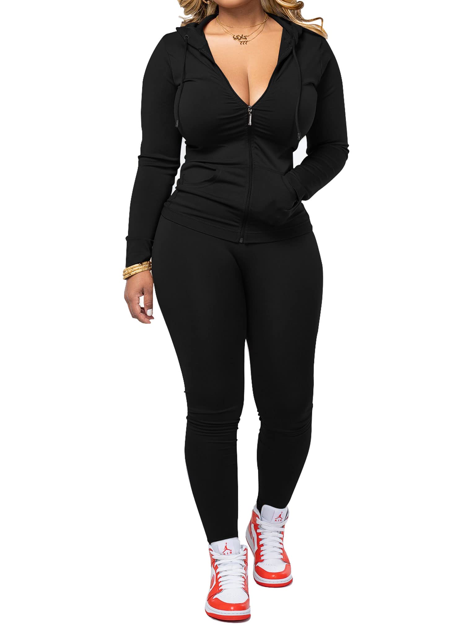 PINSV Women Two Piece Outfits Workout Sets Bodycon Tracksuit Long Sleeve Zip Up Hoodie Jacket Jogger Matching Sweat Pants Set Black XL