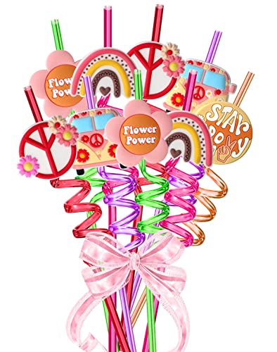 60's Hippie Boho Party Favors Two Groovy Straws Reusable Plastic Drinking Straws 8 Designs 24pcs, Boho Rainbow Birthday Party Favor Kids with 2 Cleaning Brush