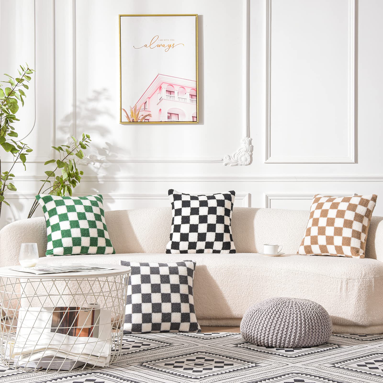 WACOMECO Decorative Throw Pillow Covers - Soft Sherpa Checkerboard Cushion Covers Faux Fur Pillow Cases for Sofa Bedroom Livingroom Car, 16 x 16 in, Khaki and Off White