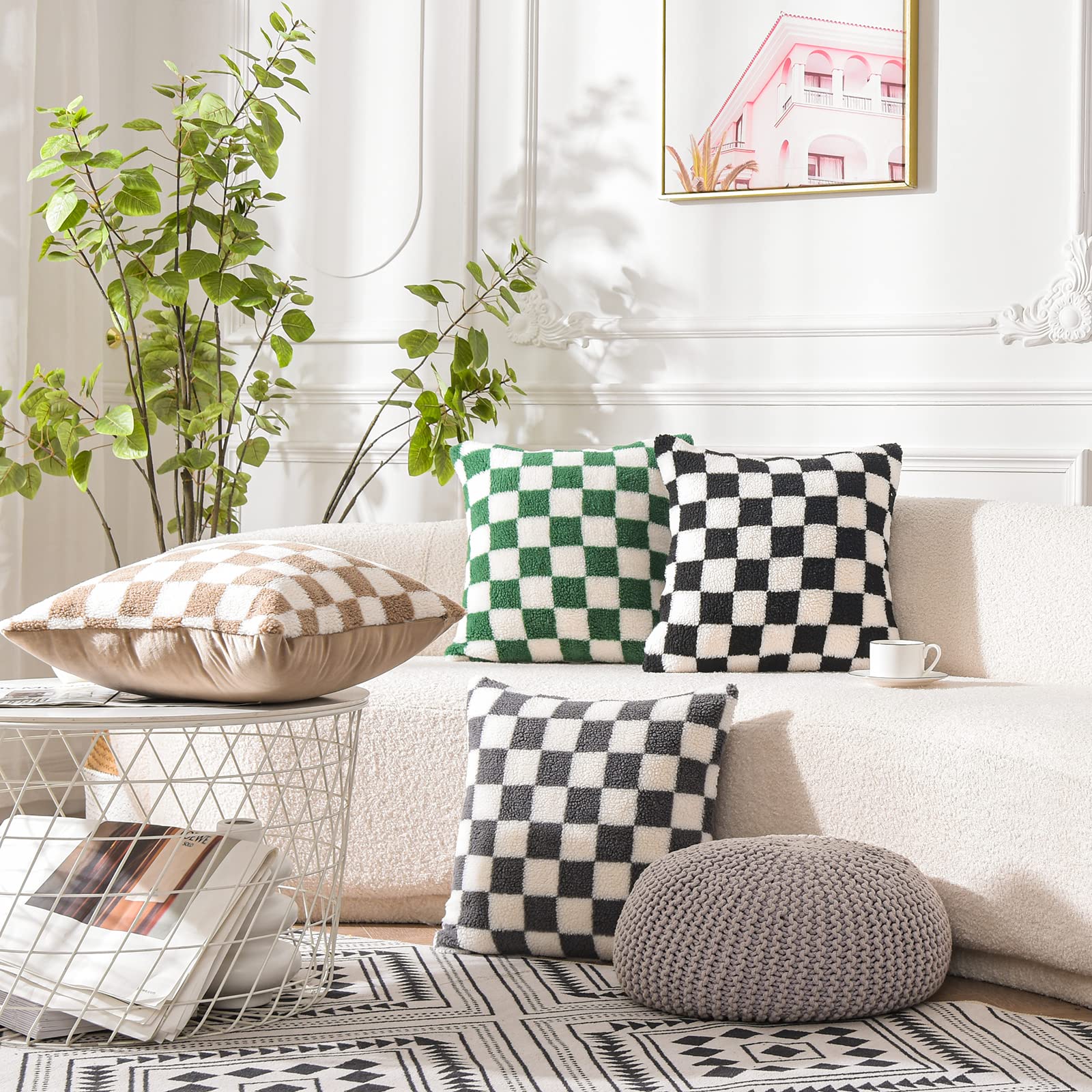 WACOMECO Decorative Throw Pillow Covers - Soft Sherpa Checkerboard Cushion Covers Faux Fur Pillow Cases for Sofa Bedroom Livingroom Car, 16 x 16 in, Khaki and Off White