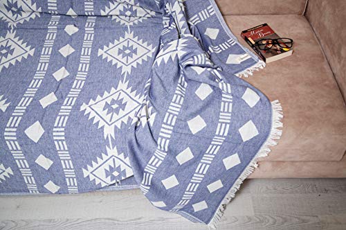 Bersuse 100% Cotton Belize XL Throw Blanket Turkish Towel - 75x90 Inches, Dark Blue