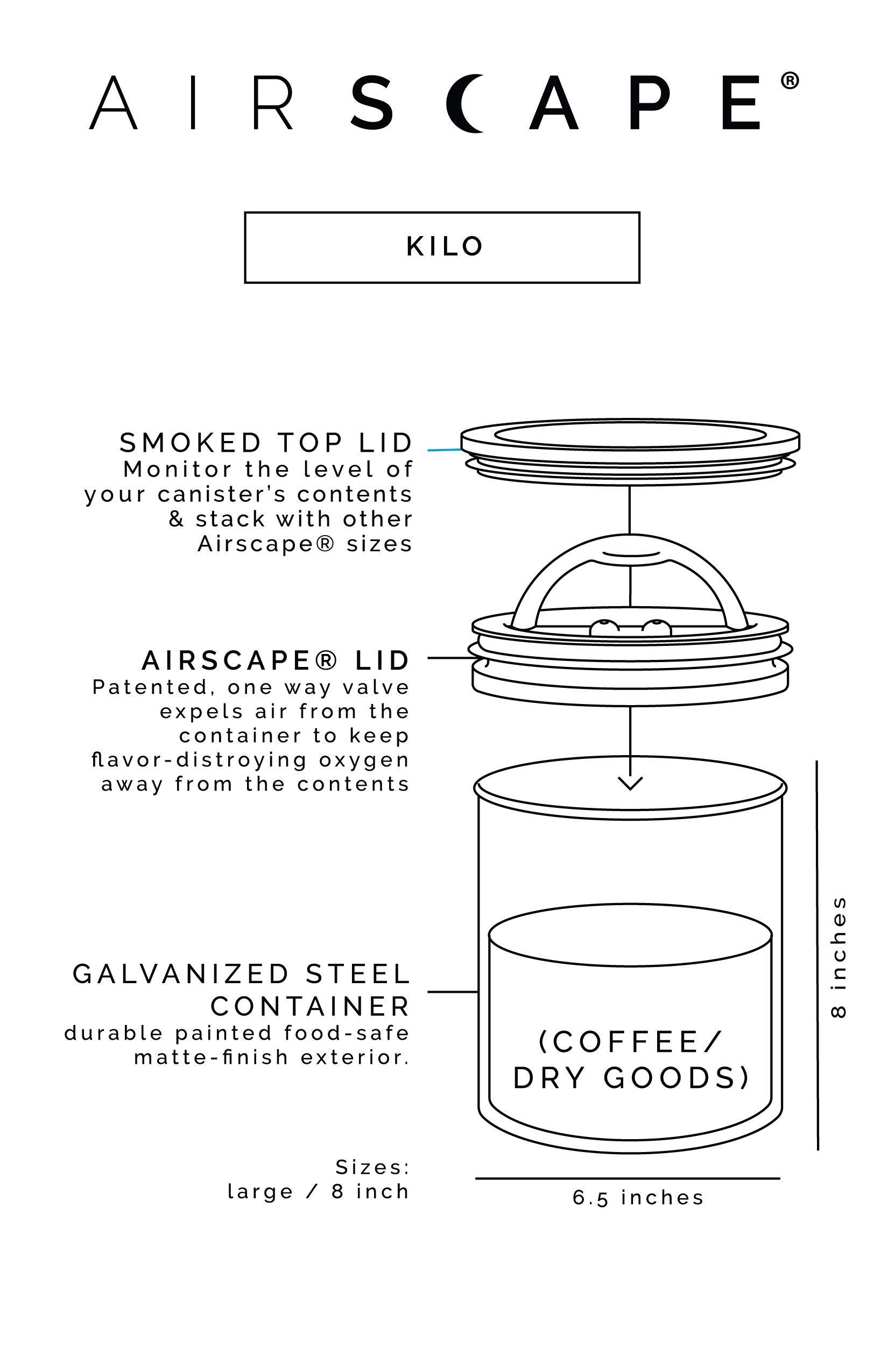 AirScape Kilo Coffee Storage Canister & Scoop Bundle - Large Food Container - Patented Airtight Lid 2-Way Valve Preserve Food Freshness, 2.2 lb Dry Beans (Large Matte Black & Brushed Steel Scoop)