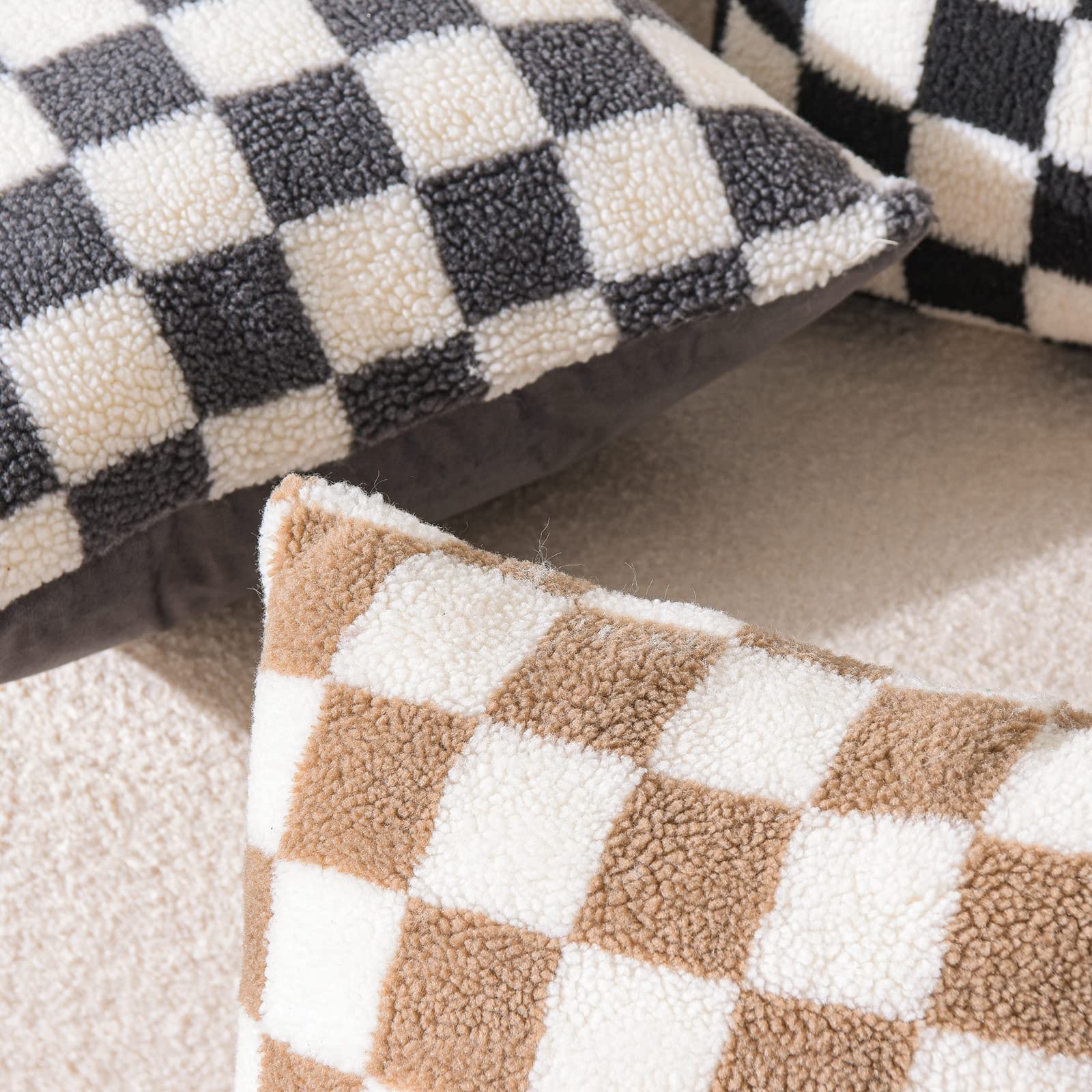 WACOMECO Decorative Throw Pillow Covers - Soft Sherpa Checkerboard Cushion Covers Faux Fur Pillow Cases for Sofa Bedroom Livingroom Car, 16 x 16 in, Khaki and Off White