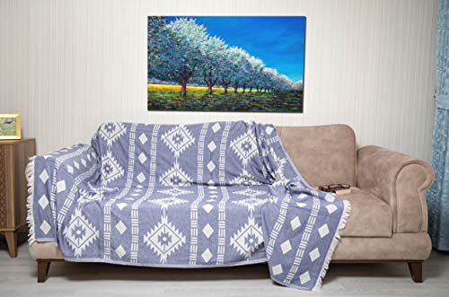 Bersuse 100% Cotton Belize XL Throw Blanket Turkish Towel - 75x90 Inches, Dark Blue