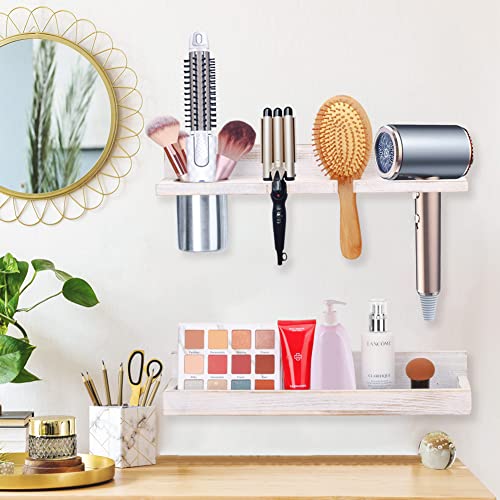 NewBeeclassic Set of 2 Layer Wall Mount Hair Tool Organizer,Rustic Blow Dryer Holder, Hair Product Organizer for Hair Dryer,Wood Rustic Decor Storage Hanging Shelves for Bathroom (White Color)