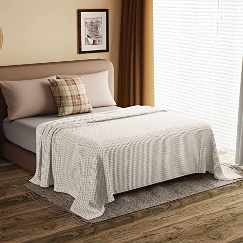 Waffle Blanket King 100% Cotton Bed Blanket, 380 GSM Waffle Weave Throw Blanket for All Seasons, Pre-Washed and Anti-Shrinkage Soft Lightweight Blanket for Bed, Sofa (Khaki,90x104)