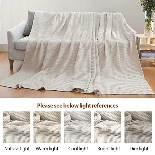 Waffle Blanket King 100% Cotton Bed Blanket, 380 GSM Waffle Weave Throw Blanket for All Seasons, Pre-Washed and Anti-Shrinkage Soft Lightweight Blanket for Bed, Sofa (Khaki,90x104)