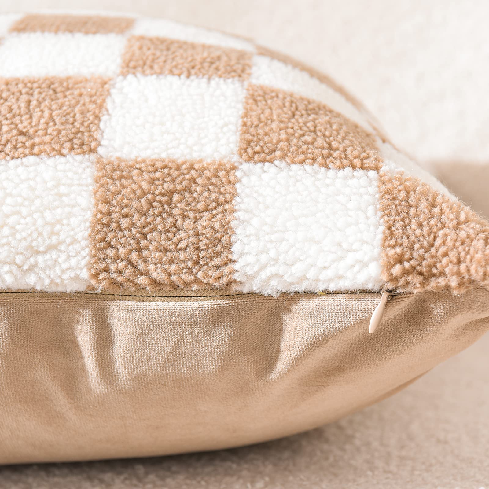 WACOMECO Decorative Throw Pillow Covers - Soft Sherpa Checkerboard Cushion Covers Faux Fur Pillow Cases for Sofa Bedroom Livingroom Car, 16 x 16 in, Khaki and Off White