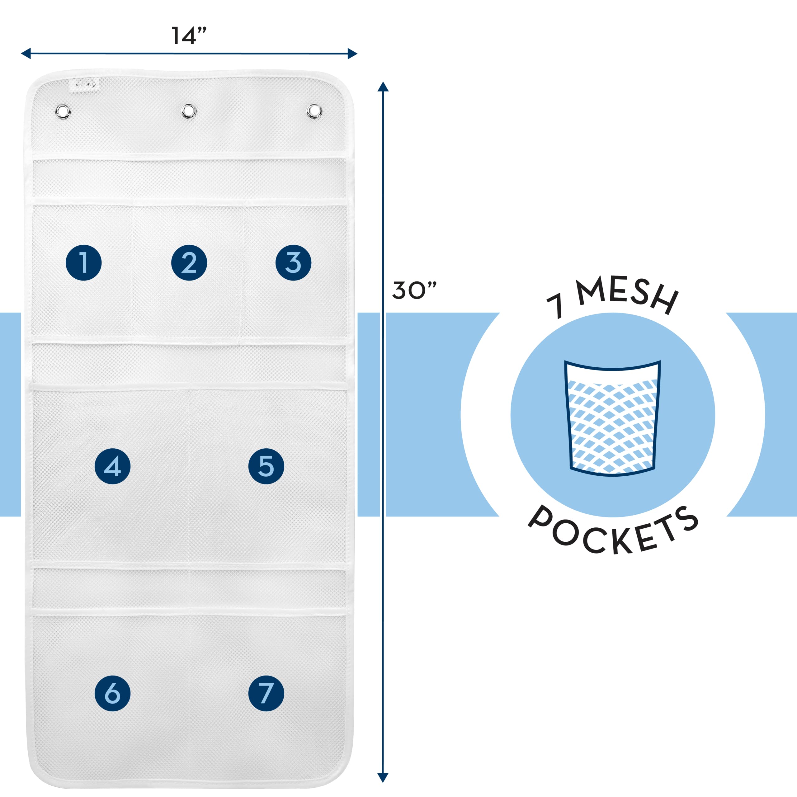 S&T INC. Shower Organizer, Shower Caddy or Bathroom Organizer with Quick Drying Mesh, 7 Pockets to Hold Shampoo, Soap, Loofah, and Cruise Ship Essentials, 14 Inch by 30 Inch, White, 2 Pack