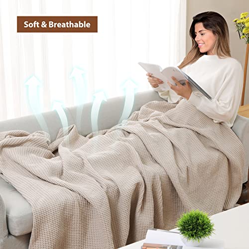 Waffle Blanket King 100% Cotton Bed Blanket, 380 GSM Waffle Weave Throw Blanket for All Seasons, Pre-Washed and Anti-Shrinkage Soft Lightweight Blanket for Bed, Sofa (Khaki,90x104)