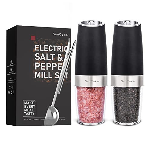 SimCoker Gravity Electric Salt and Pepper Grinder Set, Automatic Salt and Pepper Grinder Set Battery Operated, Adjustable Coarseness with LED Light, One Hand Automatic Operation, Spoon, Black, 2 Pack