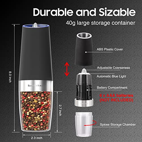 SimCoker Gravity Electric Salt and Pepper Grinder Set, Automatic Salt and Pepper Grinder Set Battery Operated, Adjustable Coarseness with LED Light, One Hand Automatic Operation, Spoon, Black, 2 Pack