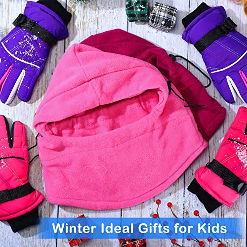 Handepo 4 Pack Kids Winter Ski Balaclava Mask Gloves Set Windproof Face Mask Winter Hat Snow Gloves for Boys Girls(Pink, Purple)