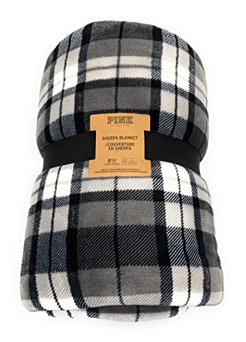 Victoria's Secret Pink Plush Soft Sherpa Blanket, Gray Plaid