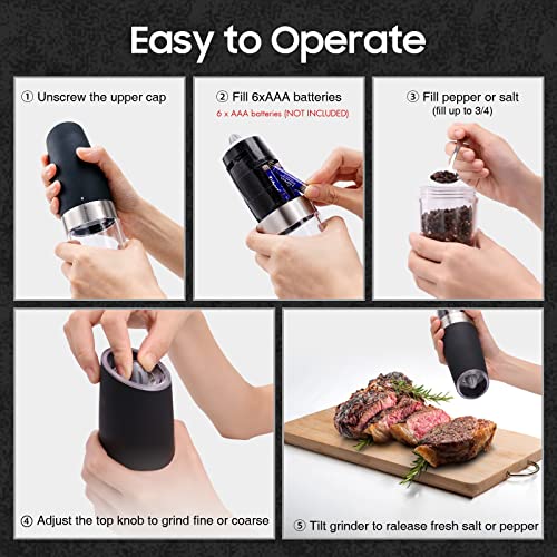 SimCoker Gravity Electric Salt and Pepper Grinder Set, Automatic Salt and Pepper Grinder Set Battery Operated, Adjustable Coarseness with LED Light, One Hand Automatic Operation, Spoon, Black, 2 Pack