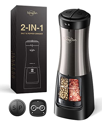 Sangcon 2 in 1 Electric Salt and Pepper Grinder Set, Battery Powered Salt and Pepper Mill, Automatic One-Handed Operation Refillable Grinder with Light, Adjustable Ceramic Grinders, Metallic Gunmetal