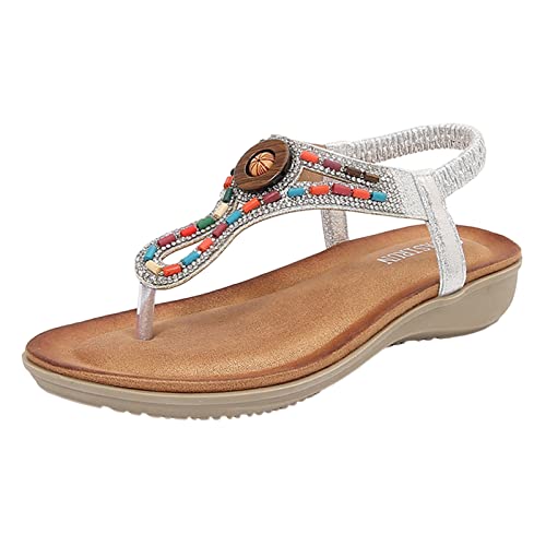 Thong Sandals for Women Beach,Summer Beach Beaded Elastic Flip-Flop Thong Shoes Boho Flat Sandals T-Strap Sandals (Silver, 8)