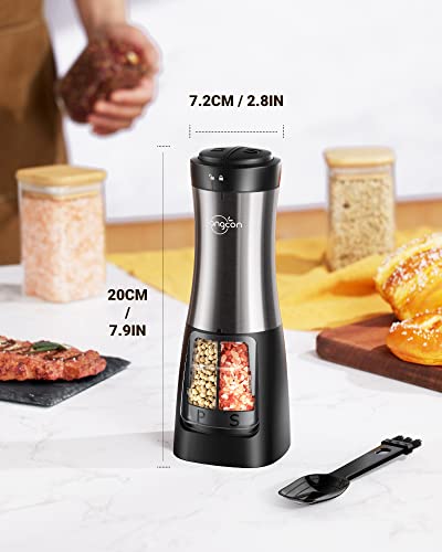 Sangcon 2 in 1 Electric Salt and Pepper Grinder Set, Battery Powered Salt and Pepper Mill, Automatic One-Handed Operation Refillable Grinder with Light, Adjustable Ceramic Grinders, Metallic Gunmetal