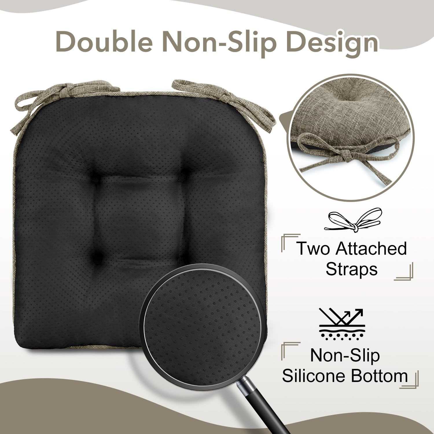 downluxe Indoor Chair Cushions for Dining Chairs, Tufted Overstuffed Textured Memory Foam Kitchen Chair Pads with Ties and Non-Slip Backing, 15.5" x 15.5" x 4", Khaki, 4 Pack
