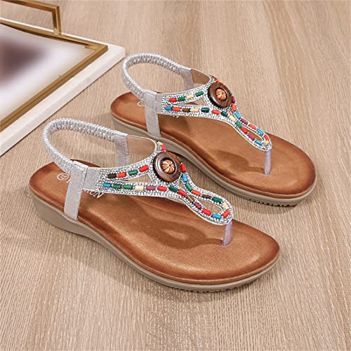 Thong Sandals for Women Beach,Summer Beach Beaded Elastic Flip-Flop Thong Shoes Boho Flat Sandals T-Strap Sandals (Silver, 8)