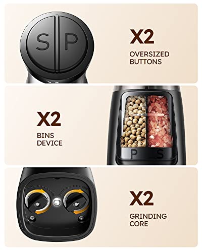 Sangcon 2 in 1 Electric Salt and Pepper Grinder Set, Battery Powered Salt and Pepper Mill, Automatic One-Handed Operation Refillable Grinder with Light, Adjustable Ceramic Grinders, Metallic Gunmetal