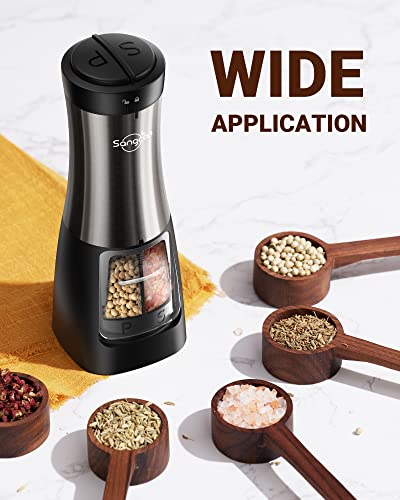Sangcon 2 in 1 Electric Salt and Pepper Grinder Set, Battery Powered Salt and Pepper Mill, Automatic One-Handed Operation Refillable Grinder with Light, Adjustable Ceramic Grinders, Metallic Gunmetal