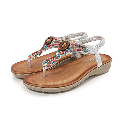 Thong Sandals for Women Beach,Summer Beach Beaded Elastic Flip-Flop Thong Shoes Boho Flat Sandals T-Strap Sandals (Silver, 8)