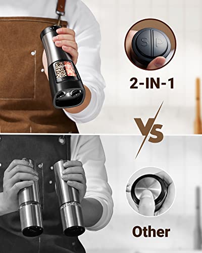 Sangcon 2 in 1 Electric Salt and Pepper Grinder Set, Battery Powered Salt and Pepper Mill, Automatic One-Handed Operation Refillable Grinder with Light, Adjustable Ceramic Grinders, Metallic Gunmetal