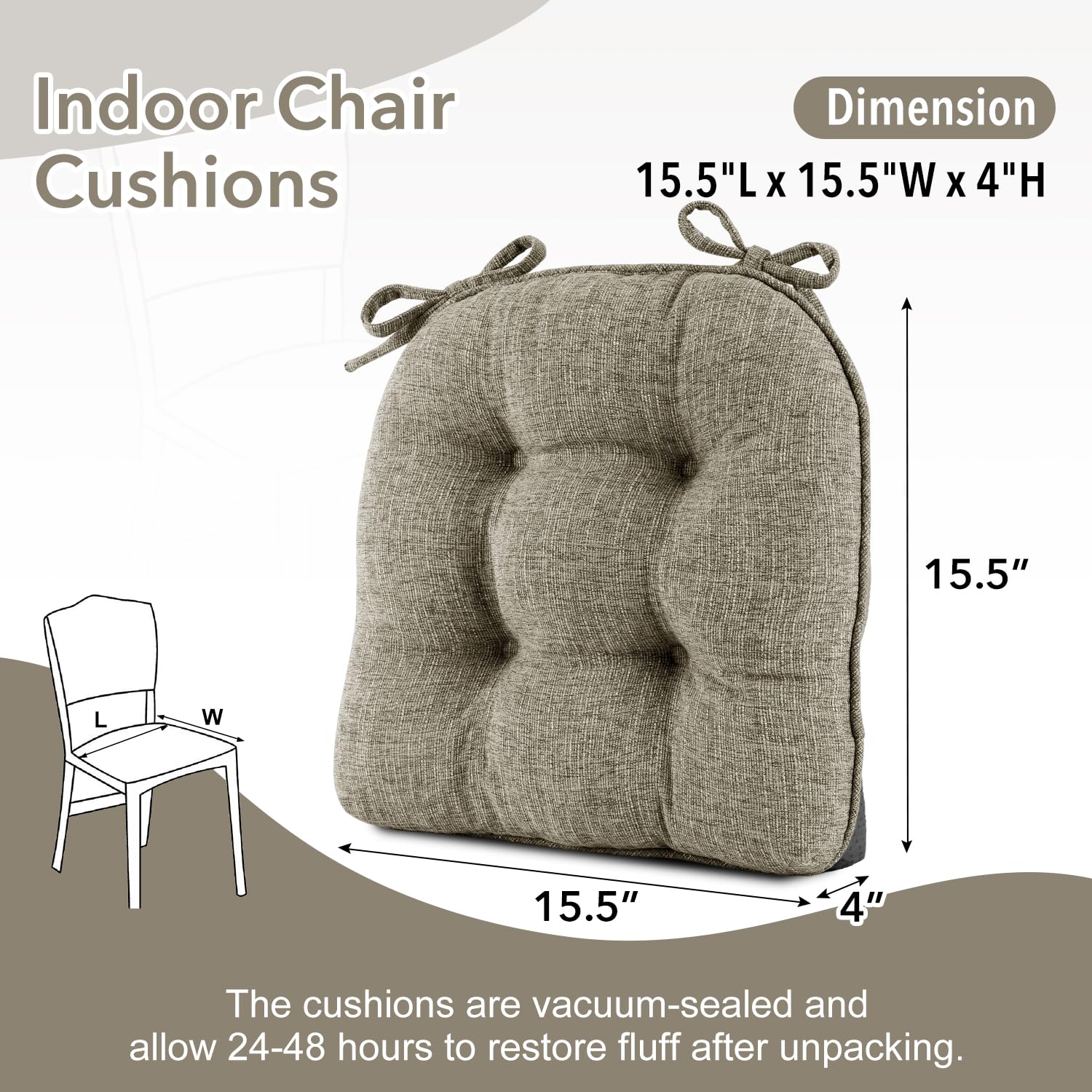 downluxe Indoor Chair Cushions for Dining Chairs, Tufted Overstuffed Textured Memory Foam Kitchen Chair Pads with Ties and Non-Slip Backing, 15.5" x 15.5" x 4", Khaki, 4 Pack
