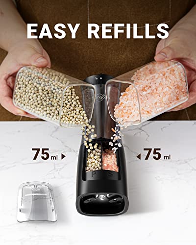 Sangcon 2 in 1 Electric Salt and Pepper Grinder Set, Battery Powered Salt and Pepper Mill, Automatic One-Handed Operation Refillable Grinder with Light, Adjustable Ceramic Grinders, Metallic Gunmetal