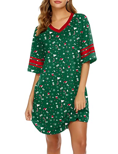 Ekouaer Womens Nightgown Cotton Sleepwear Short Sleeve Sleep Shirt V Neck Color Block Nightshirt XL Christmas Green