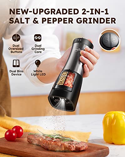 Sangcon 2 in 1 Electric Salt and Pepper Grinder Set, Battery Powered Salt and Pepper Mill, Automatic One-Handed Operation Refillable Grinder with Light, Adjustable Ceramic Grinders, Metallic Gunmetal